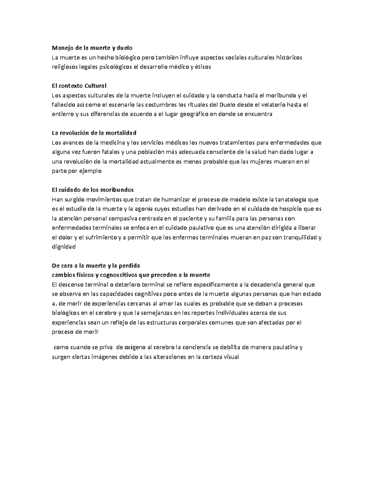 Resumen Mortalidad, muerte y duelo - Manejo de la muerte y duelo La ...