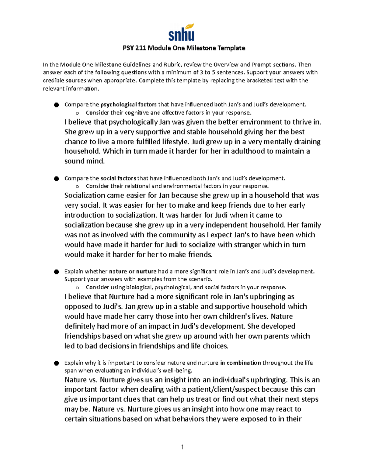 PSY 211 Module One Milestone Template - Then answer each of the ...