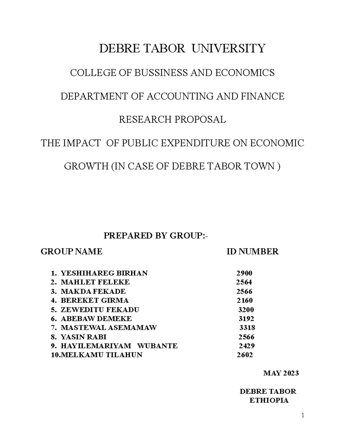 Proposal lll - good - DEBRE TABOR UNIVERSITY COLLEGE OF BUSSINESS AND ECONOMICS DEPARTMENT OF ...