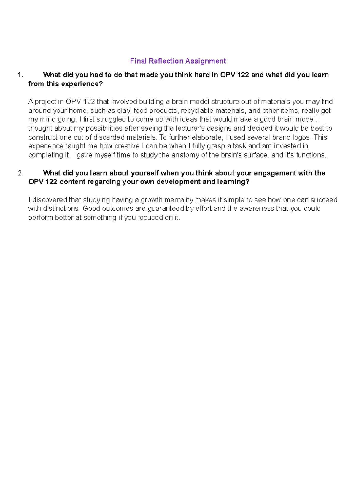 FRA - Reflection - Final Reflection Assignment What did you had to do ...