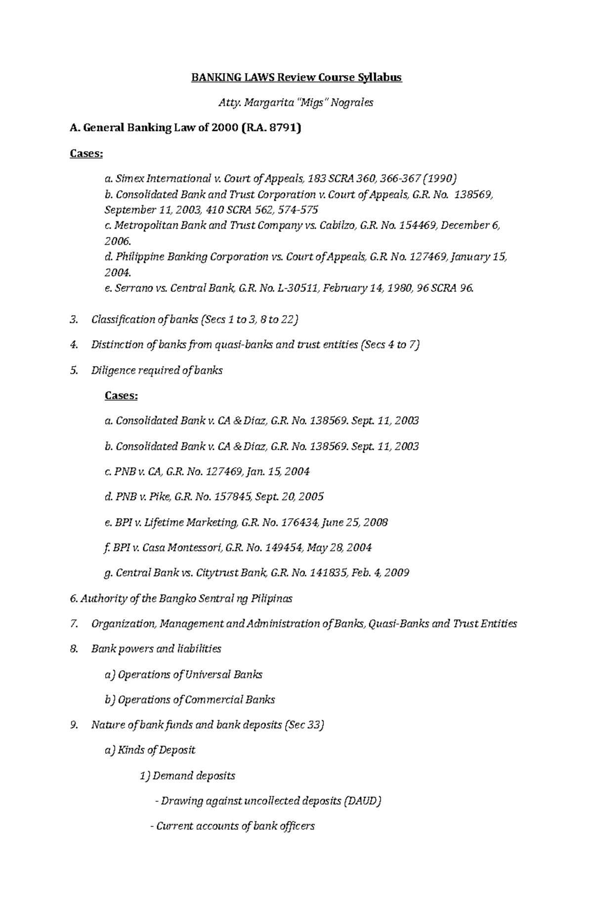 357306994 Banking Laws Course Syllabus - BANKING LAWS Review Course ...