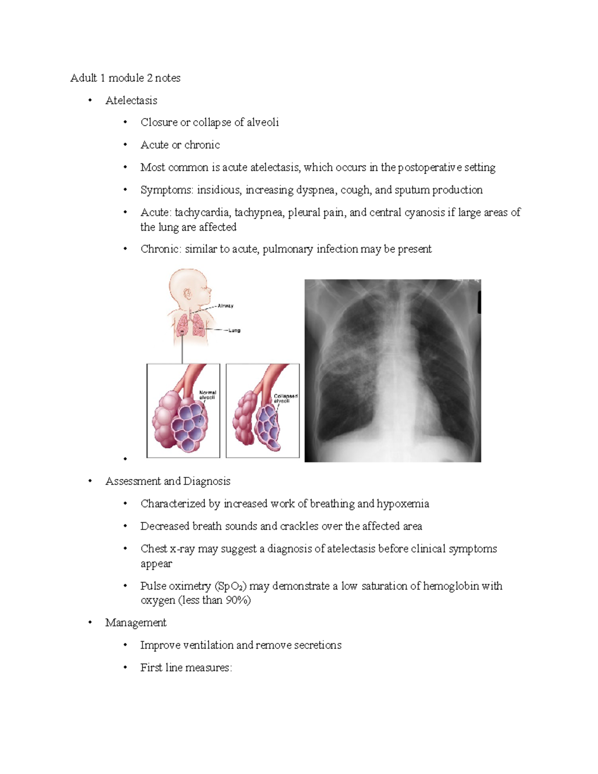 Adult 1 module 2 notes - Adult 1 module 2 notes - Atelectasis - Closure ...