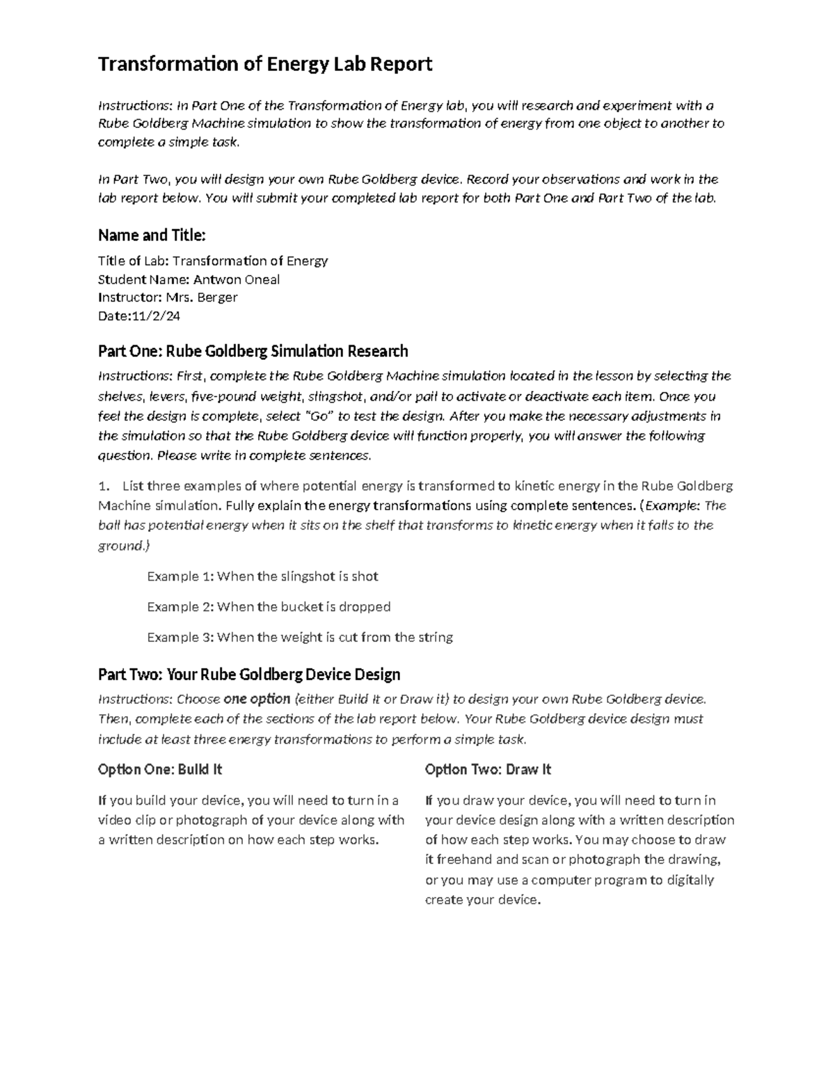 Transform energy lab report - Transformation of Energy Lab Report ...