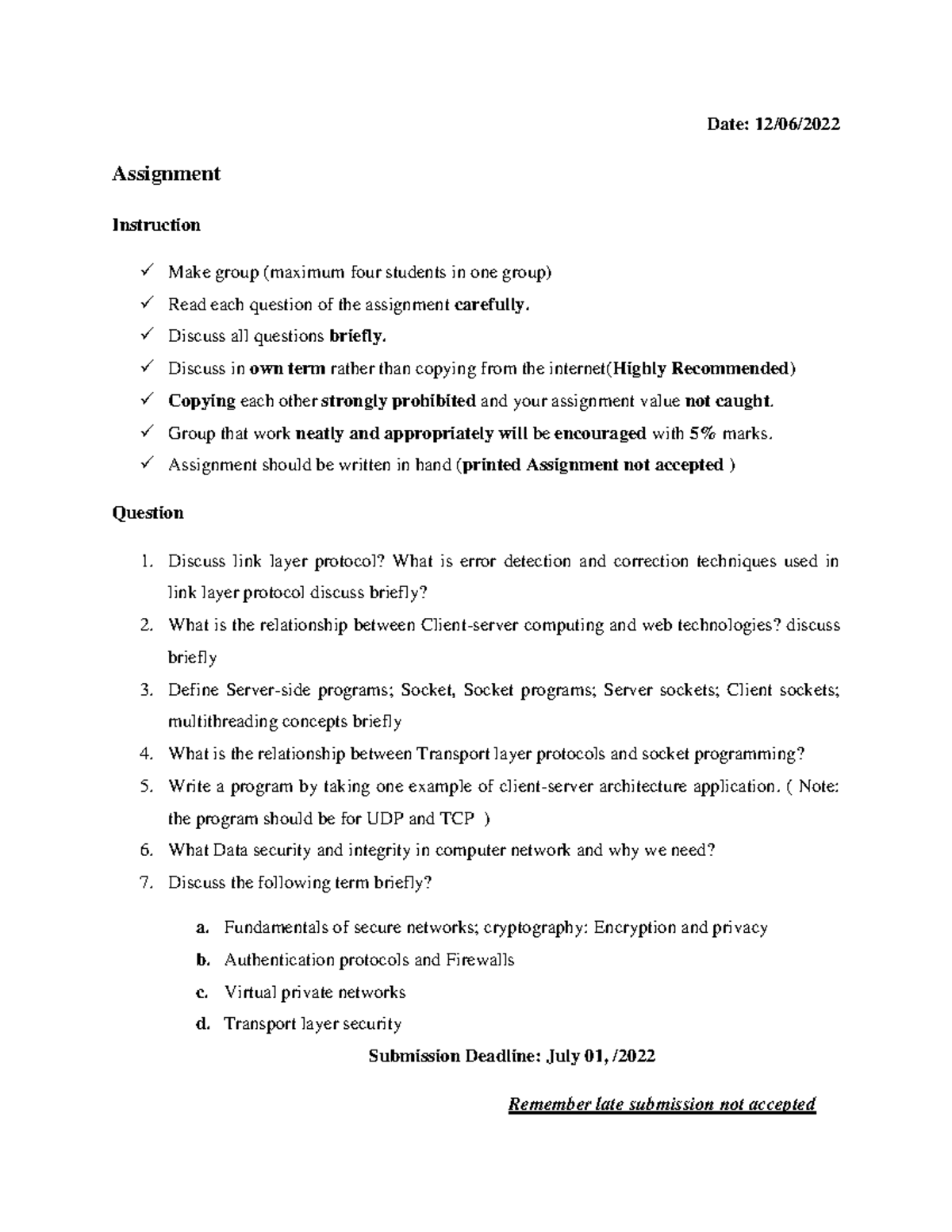 Data communiction and networking Assignment 2022 - Date: 12/06 ...