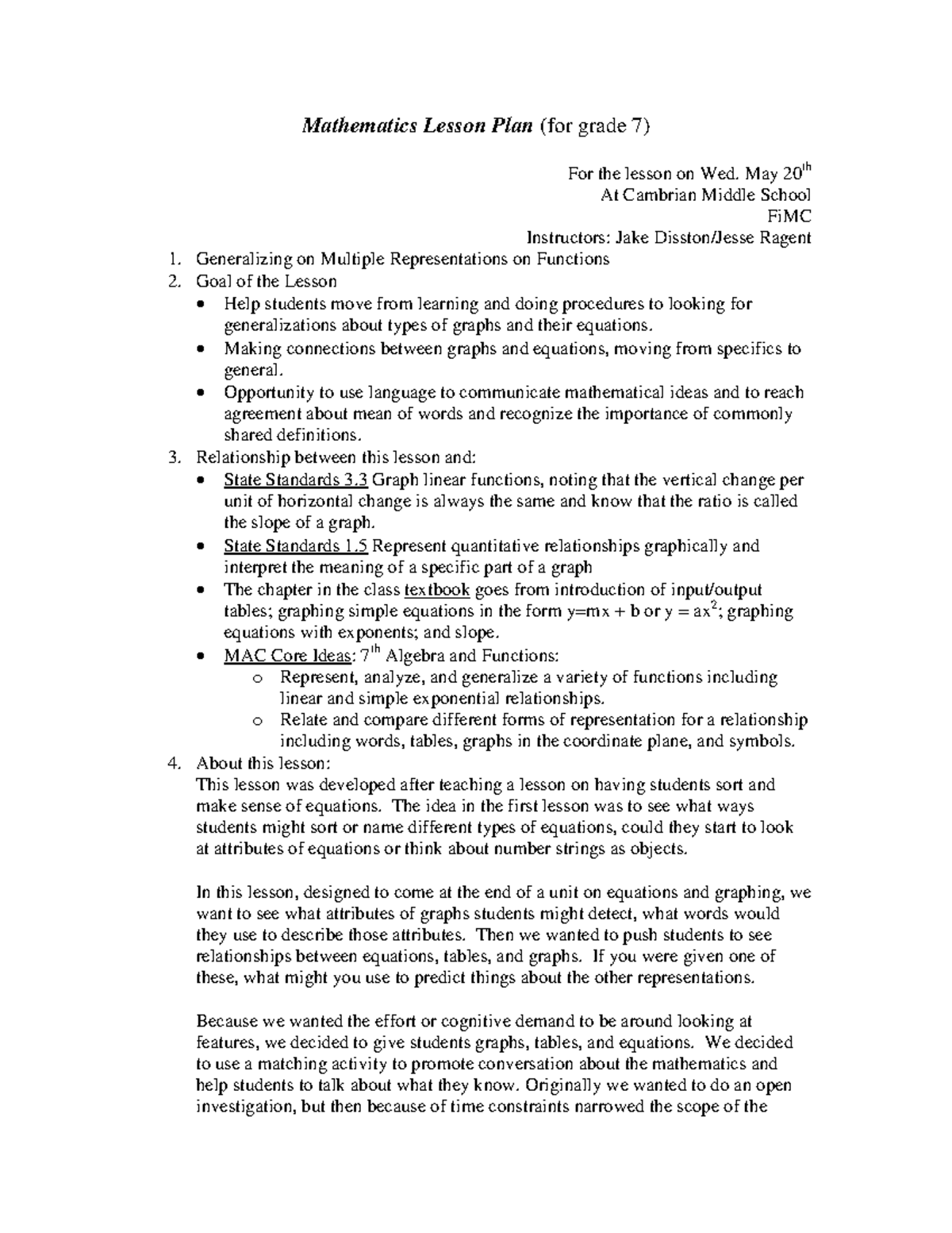 7th and 8th grade graphs equation and tables lesson plan - Mathematics ...