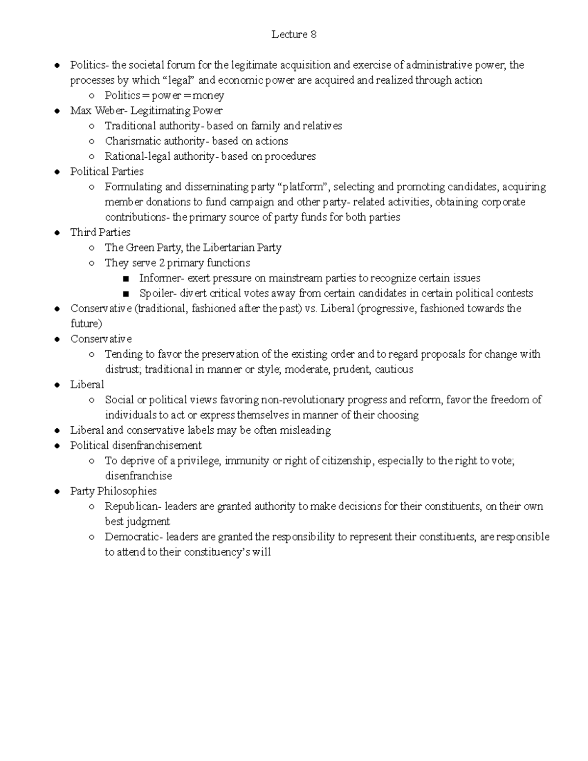 Sociology 101 Castro Lecture 8 Notes - Lecture 8 Politics- the societal ...