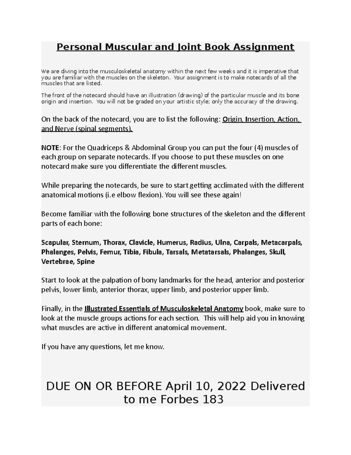 Alternative Kinesiology Assignments Spring 2022 - Personal Muscular and ...