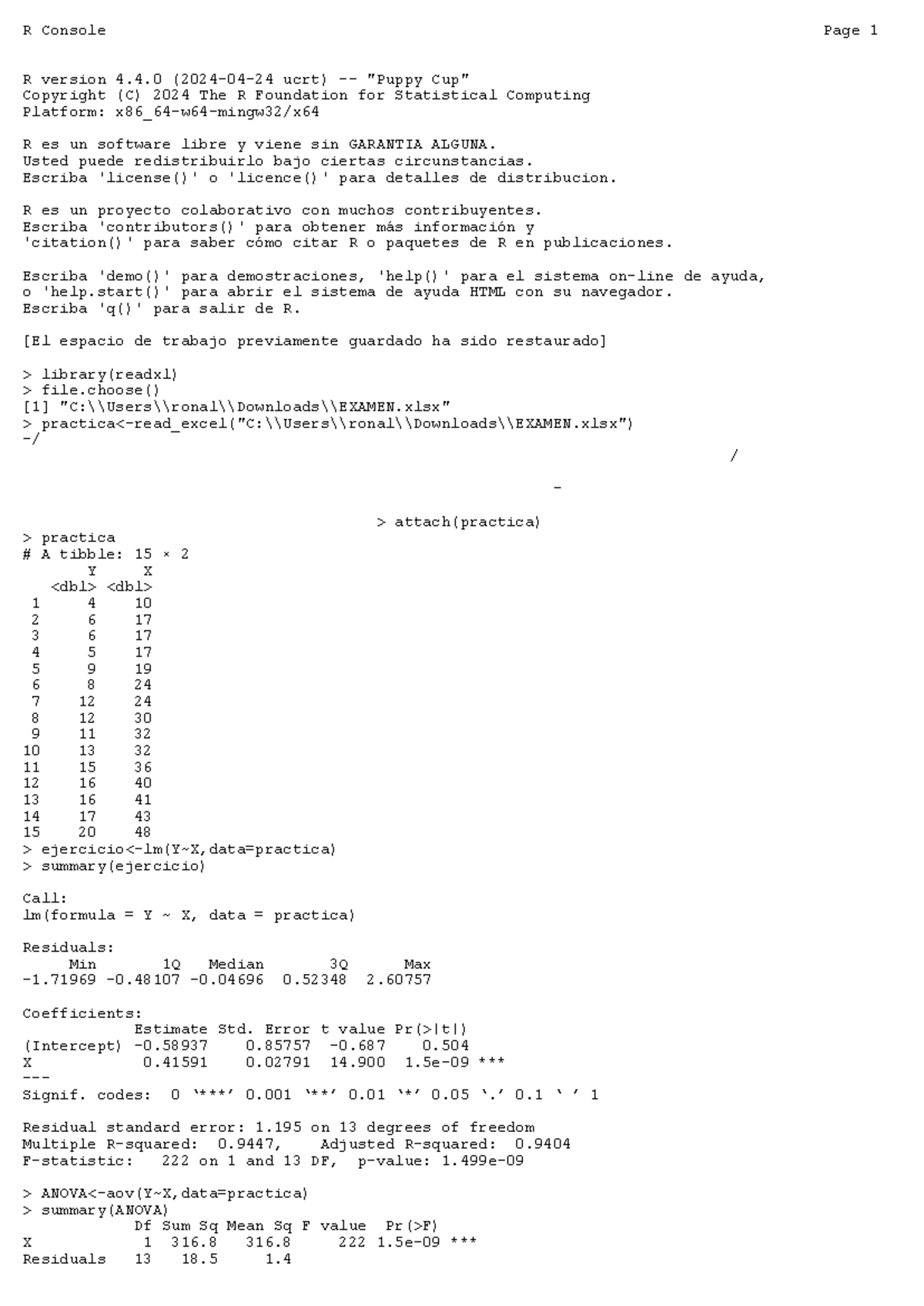 Examen estadística - PRACTICA EN SOFTWARE R - R Console Page 1 R version 4.4 (2024-04-24 ucrt ...