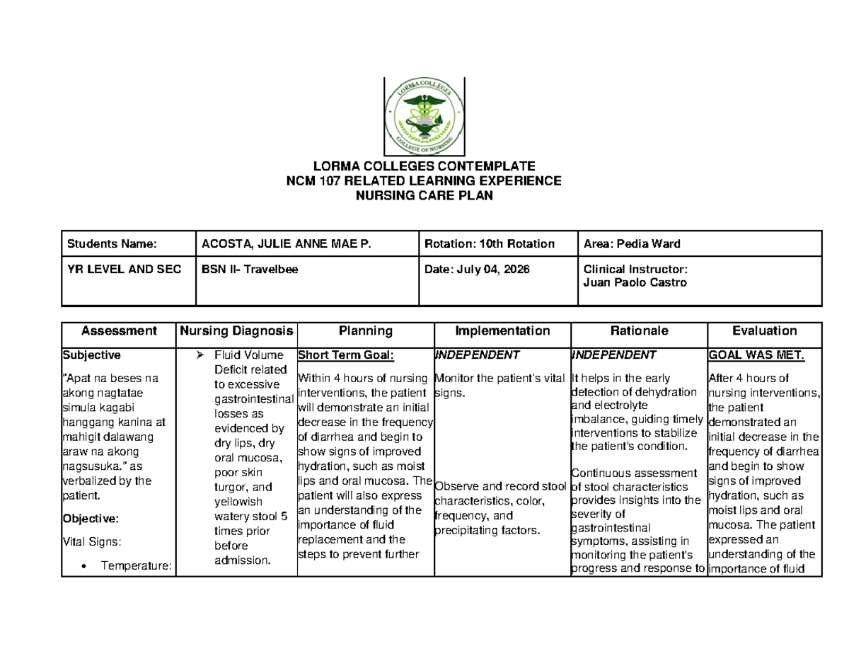 NCP - Acosta - notes - LORMA COLLEGES CONTEMPLATE NCM 107 RELATED ...