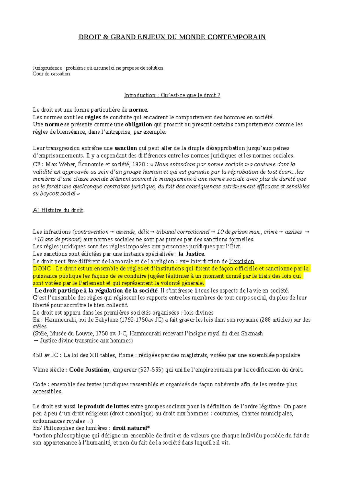 Dgemc intro - DROIT & GRAND ENJEUX DU MONDE CONTEMPORAIN Jurisprudence : problème où aucune loi ...