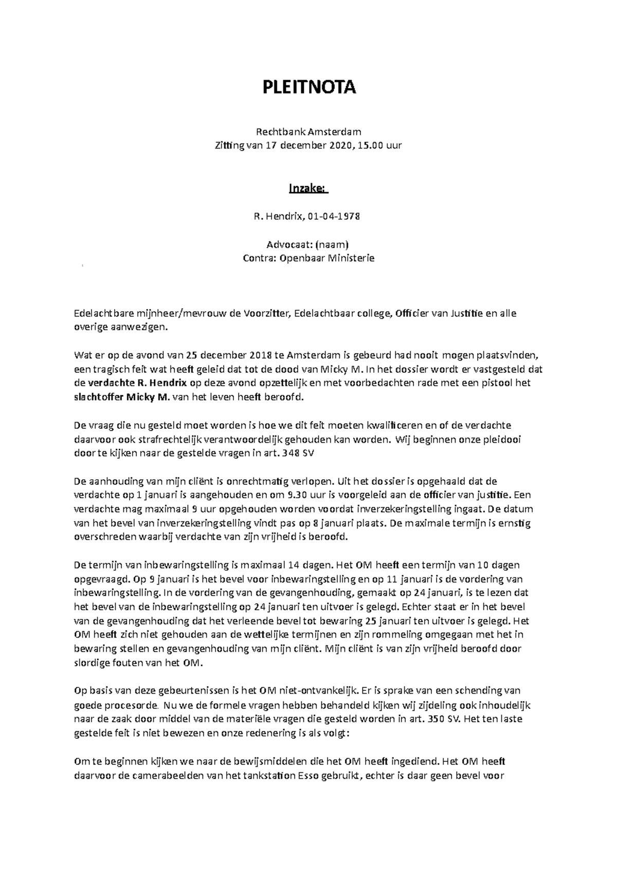 Pleitnota - PLEITNOTA Rechtbank Amsterdam Zitting van 17 december 2020 ...