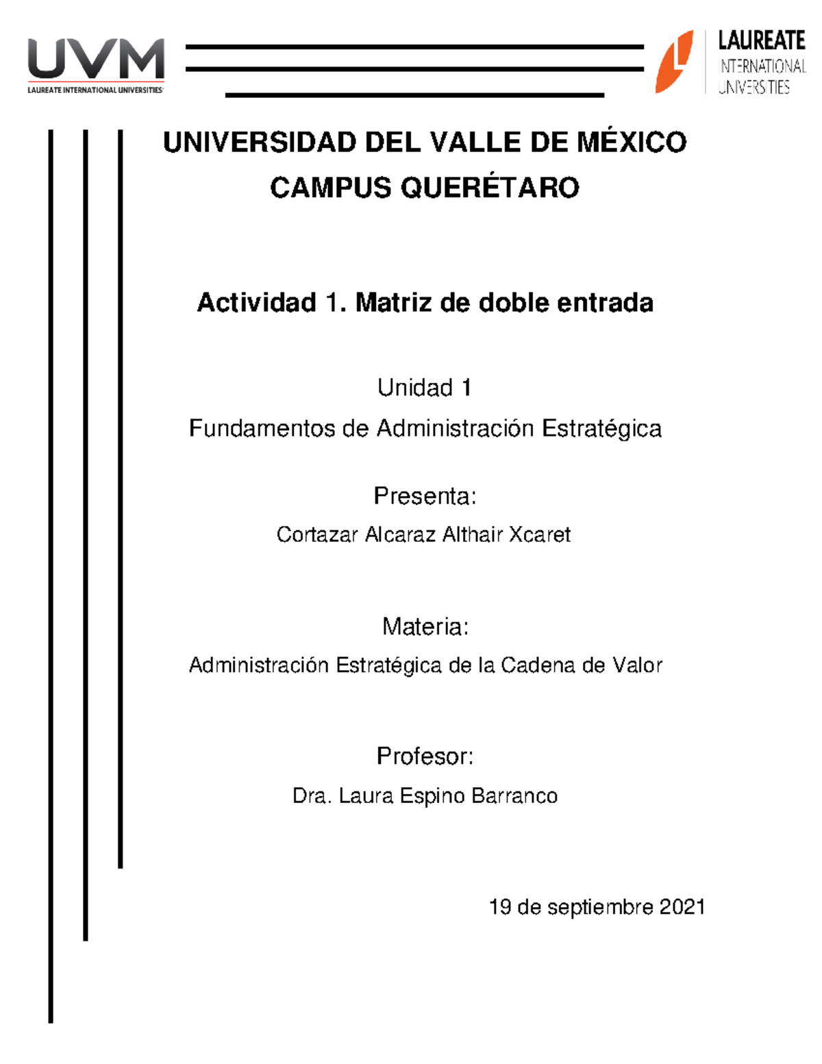 Actividad 1 Matriz de Doble entrada Unidad 1 - UNIVERSIDAD DEL VALLE DE ...