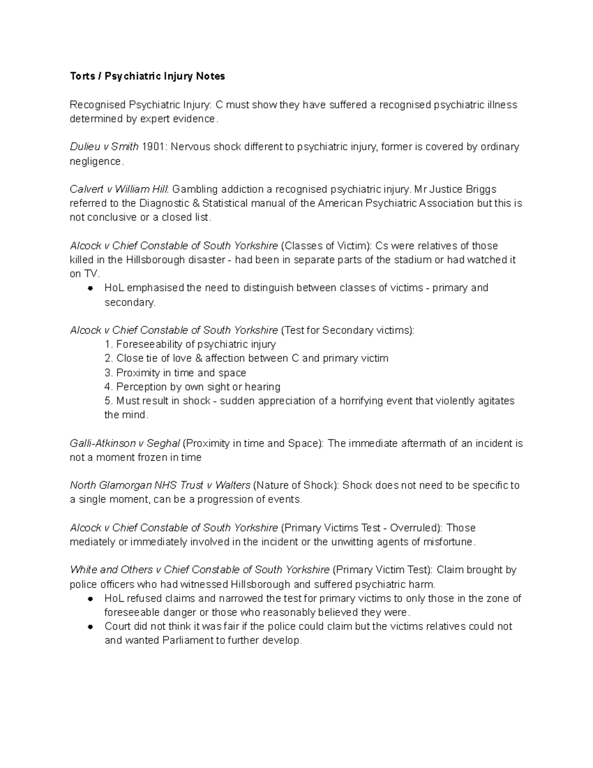 Torts Psychiatric Injury Notes - Torts / Psychiatric Injury Notes ...