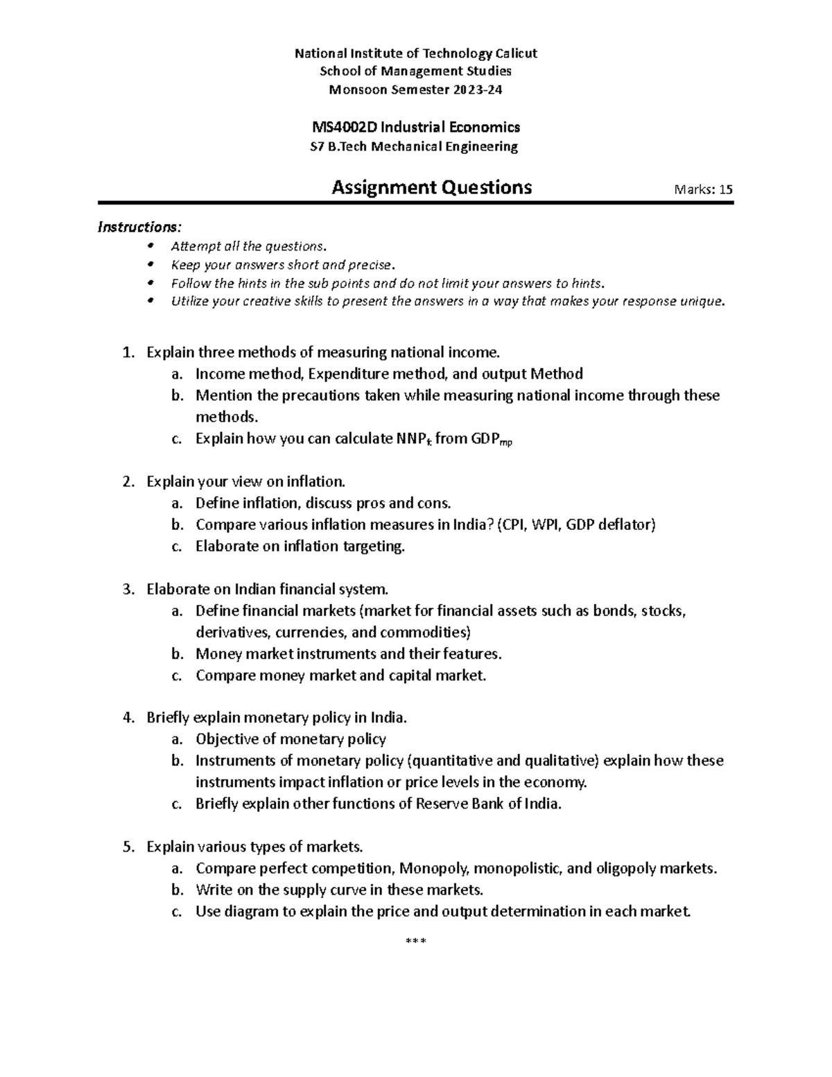 Assignment Questions - National Institute of Technology Calicut School ...