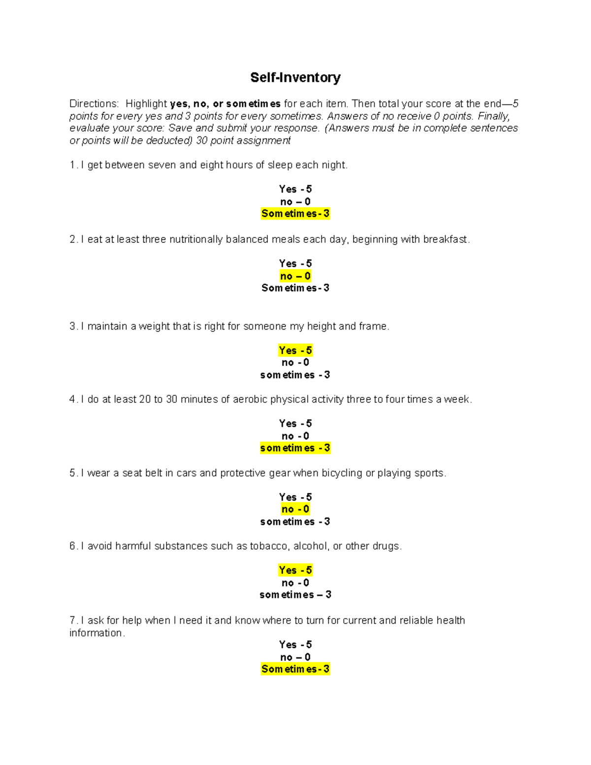 Self-Inventory - notes - Self-Inventory Directions: Highlight yes, no ...