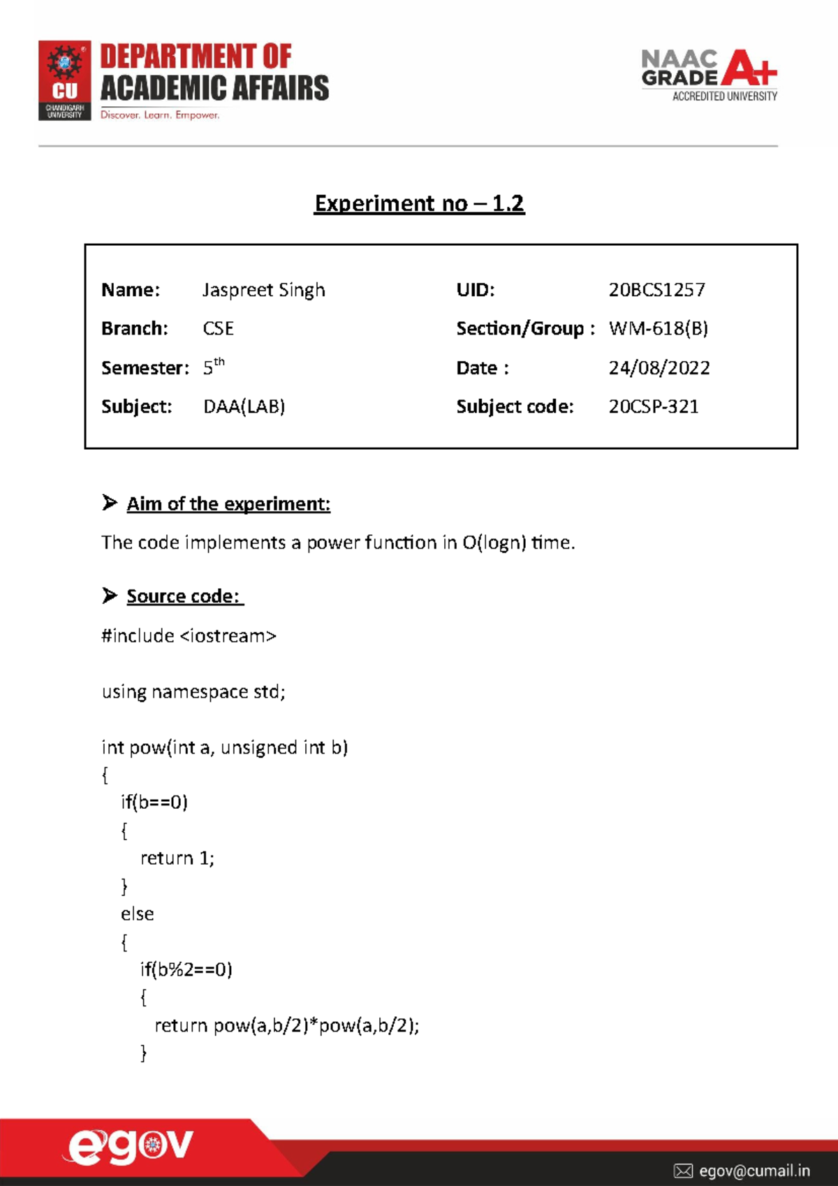 Practical 02 - important - Experiment no – 1. Name: Jaspreet Singh UID ...
