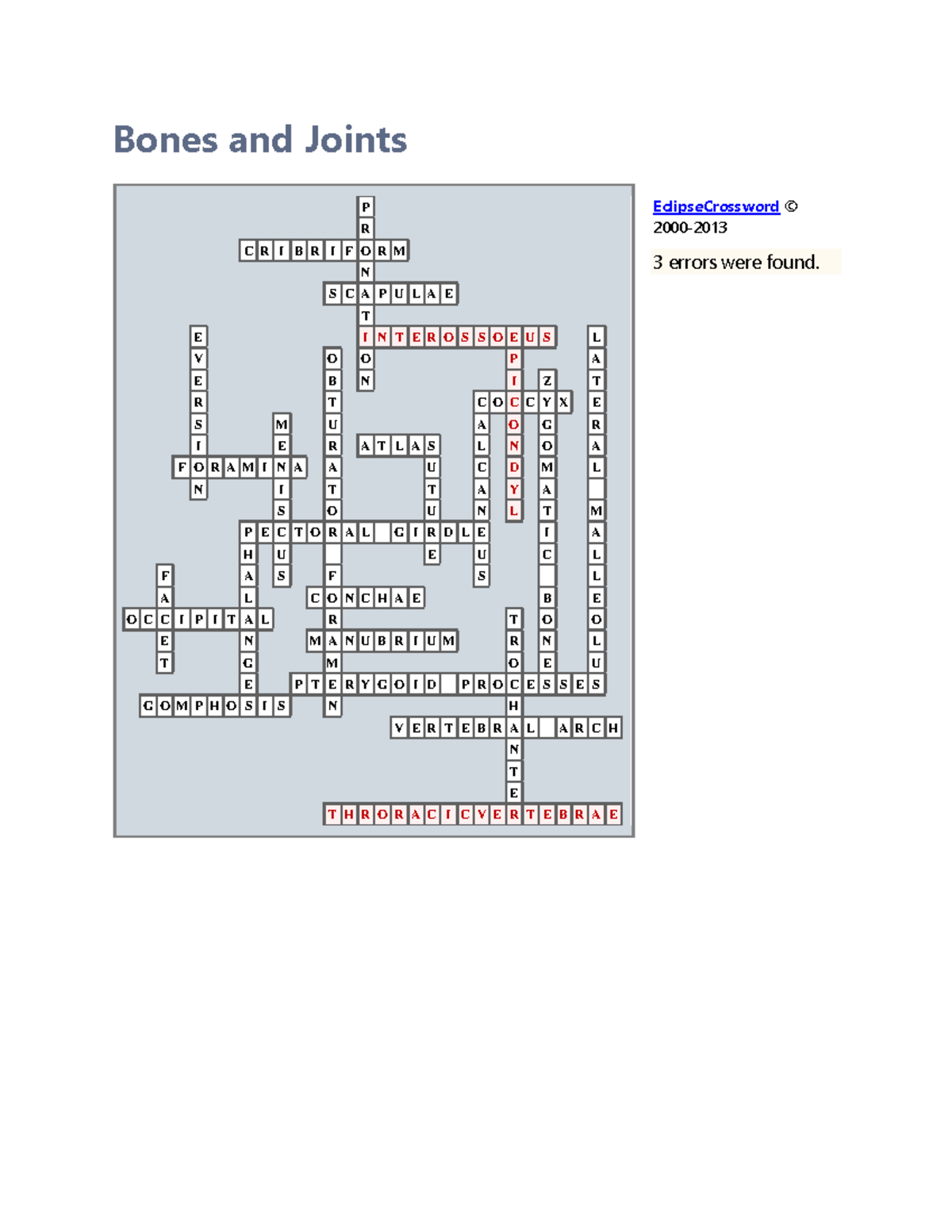 Bones and Tissue puzzle - Bones and Joints P R C R I B R I F O R M N S ...