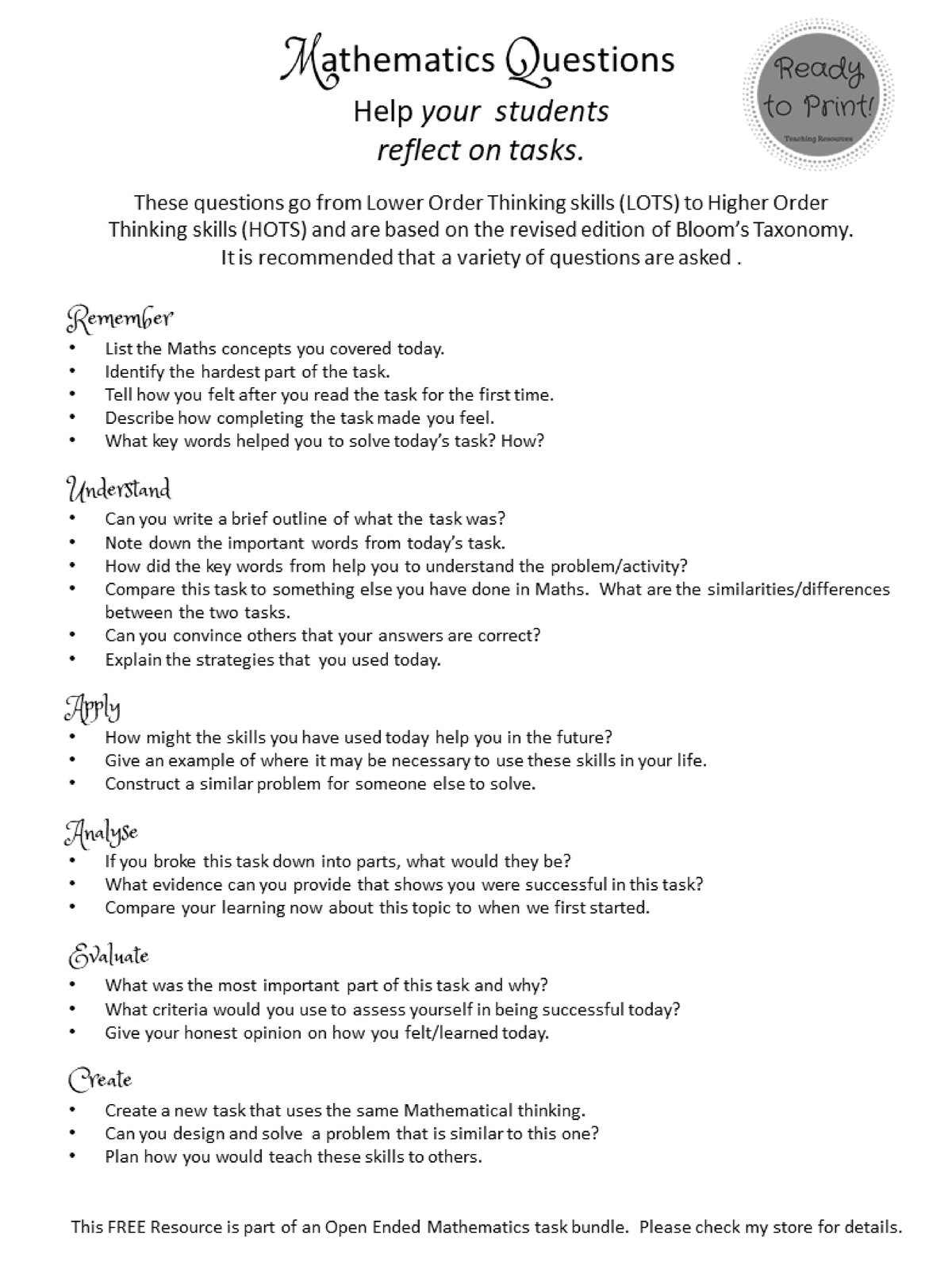 Freemathsquestionsbasedon Blooms Taxonomy-1 - CUS3701 - Studocu