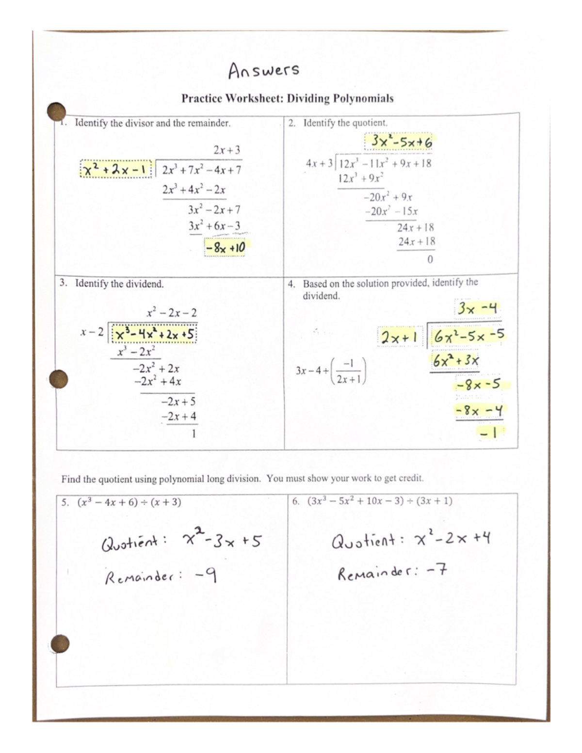 Answers to Dividing Polynomials - Studocu