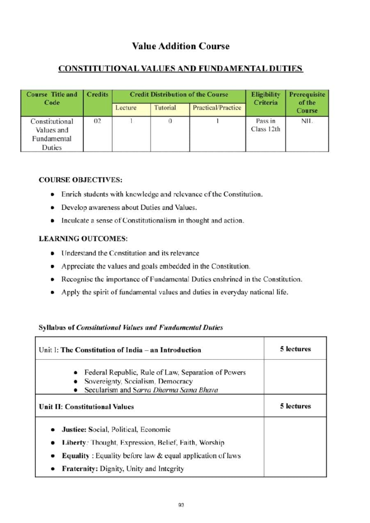 VAC- Constitutional Values and Fundamental Duties (Syllabus) - Value ...