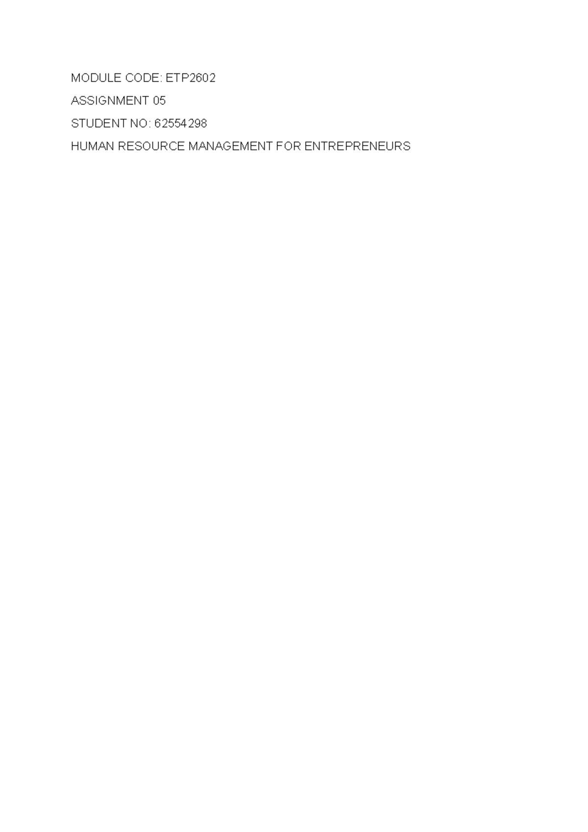 ETP2602 Assignement 05 - MODULE CODE: ETP ASSIGNMENT 05 STUDENT NO ...