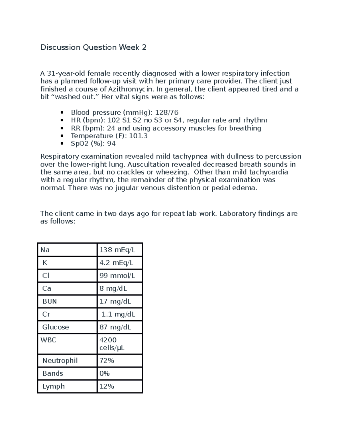 Dis Pharm 2 - NURSING - Discussion Question Week 2 A 31-year-old female ...
