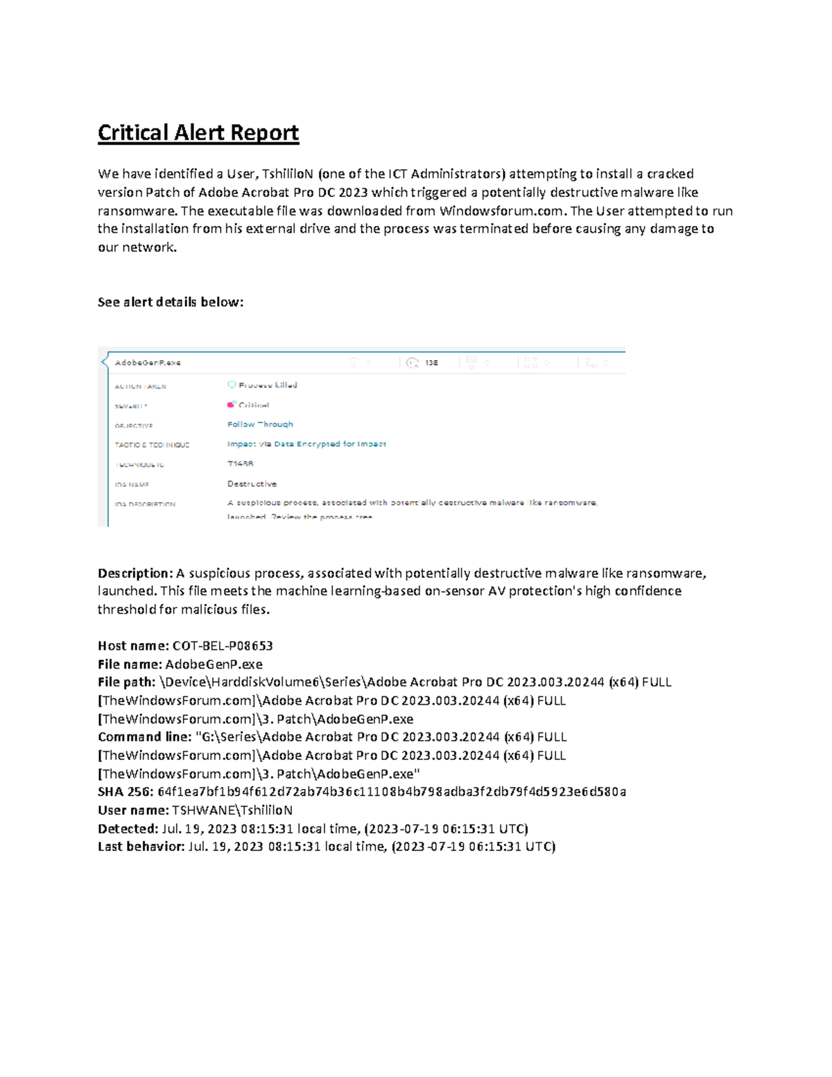 Critical Aler Report(COT-BEL-P08653) - Critical Alert Report We have ...