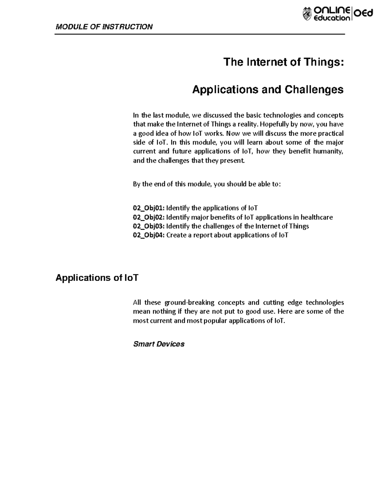 W2-Module-Applications and Challenges - MODULE OF INSTRUCTION The Internet of Things ...
