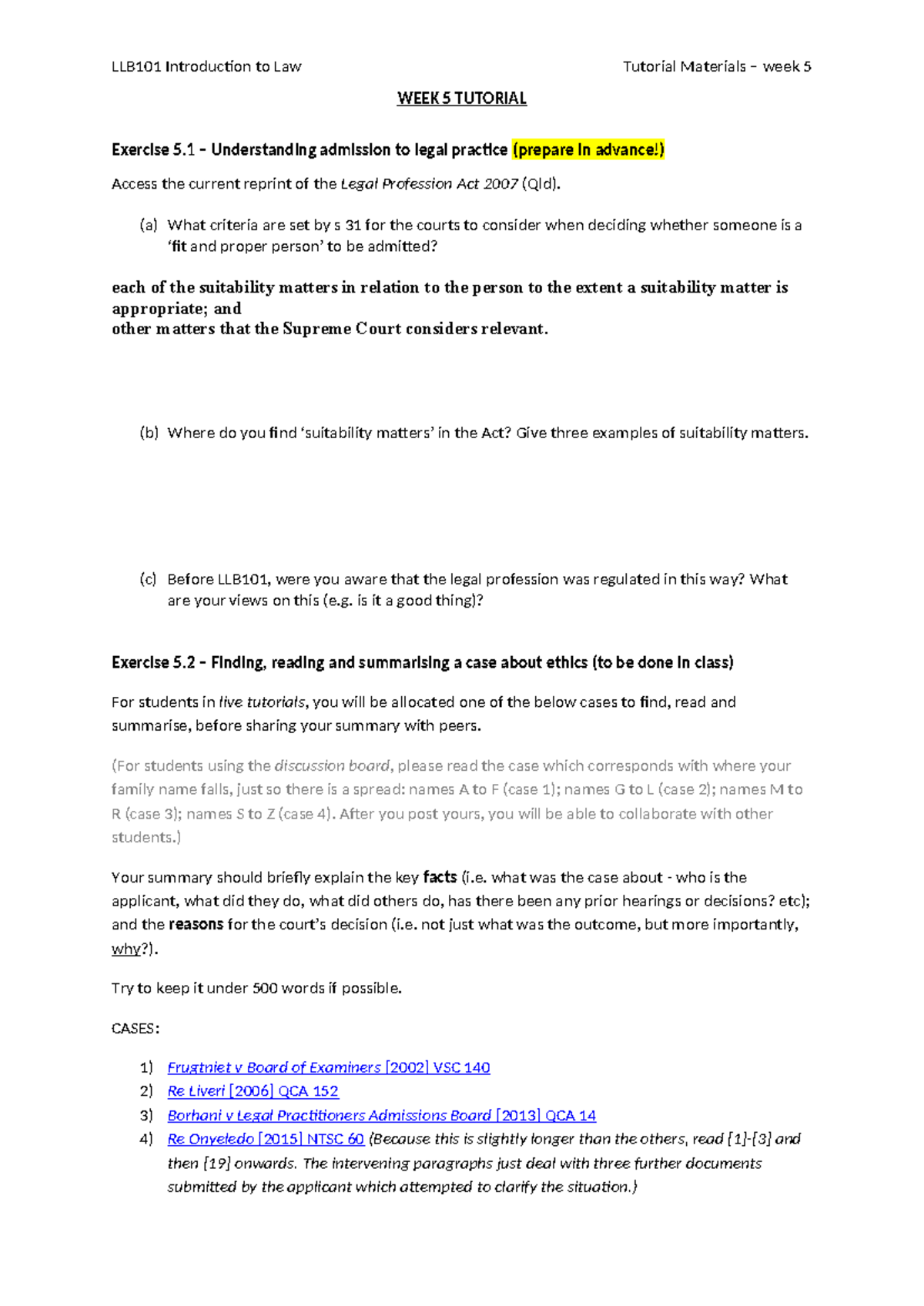 WEEK 5 Tutorial - Hope this helps :) - LLB101 Introduction to Law Tutorial Materials – week 5 ...