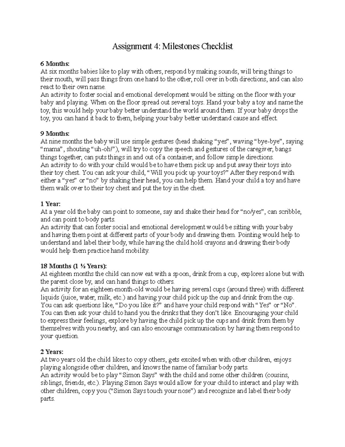 Assignment 4 - Milestones Checklist; early childhood milestones ...