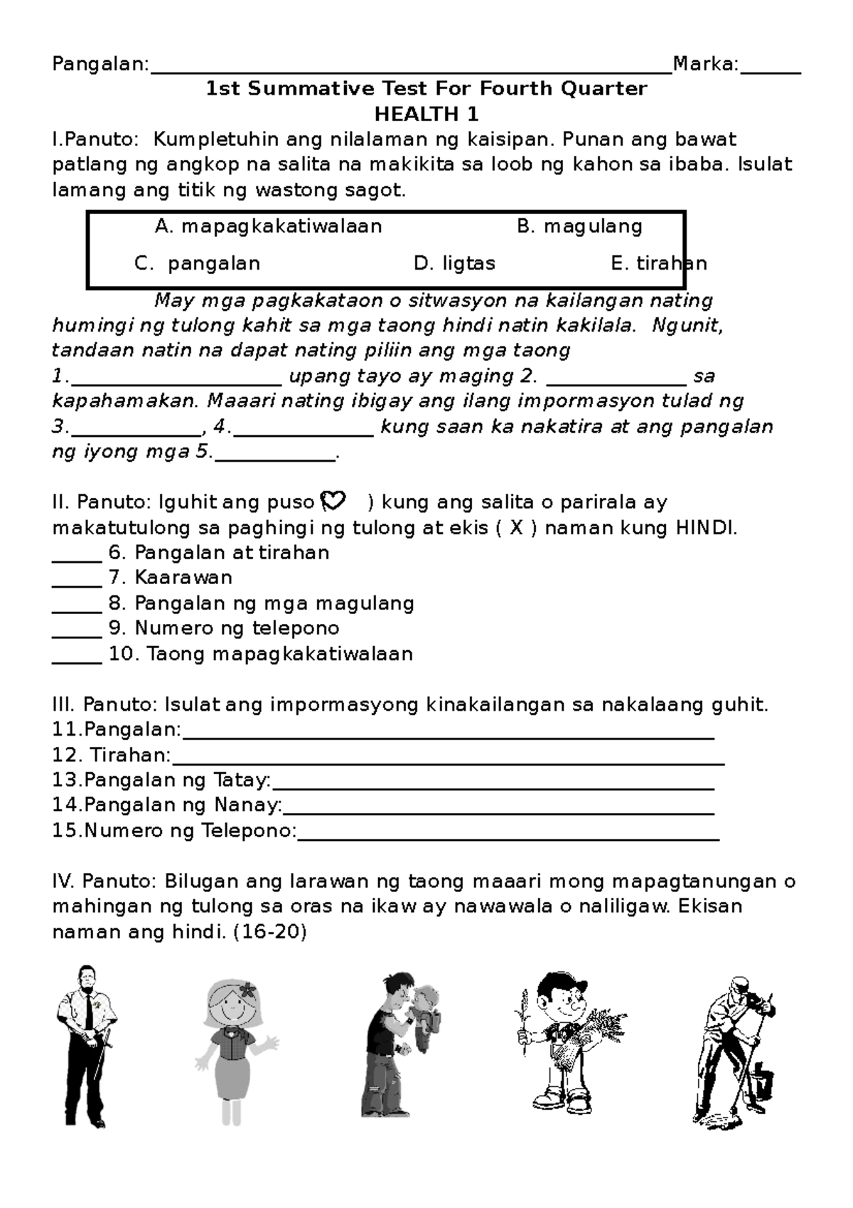 Health - Summative Tests 1 & 2 - for the Third Quarter - Weeks1-4 ...
