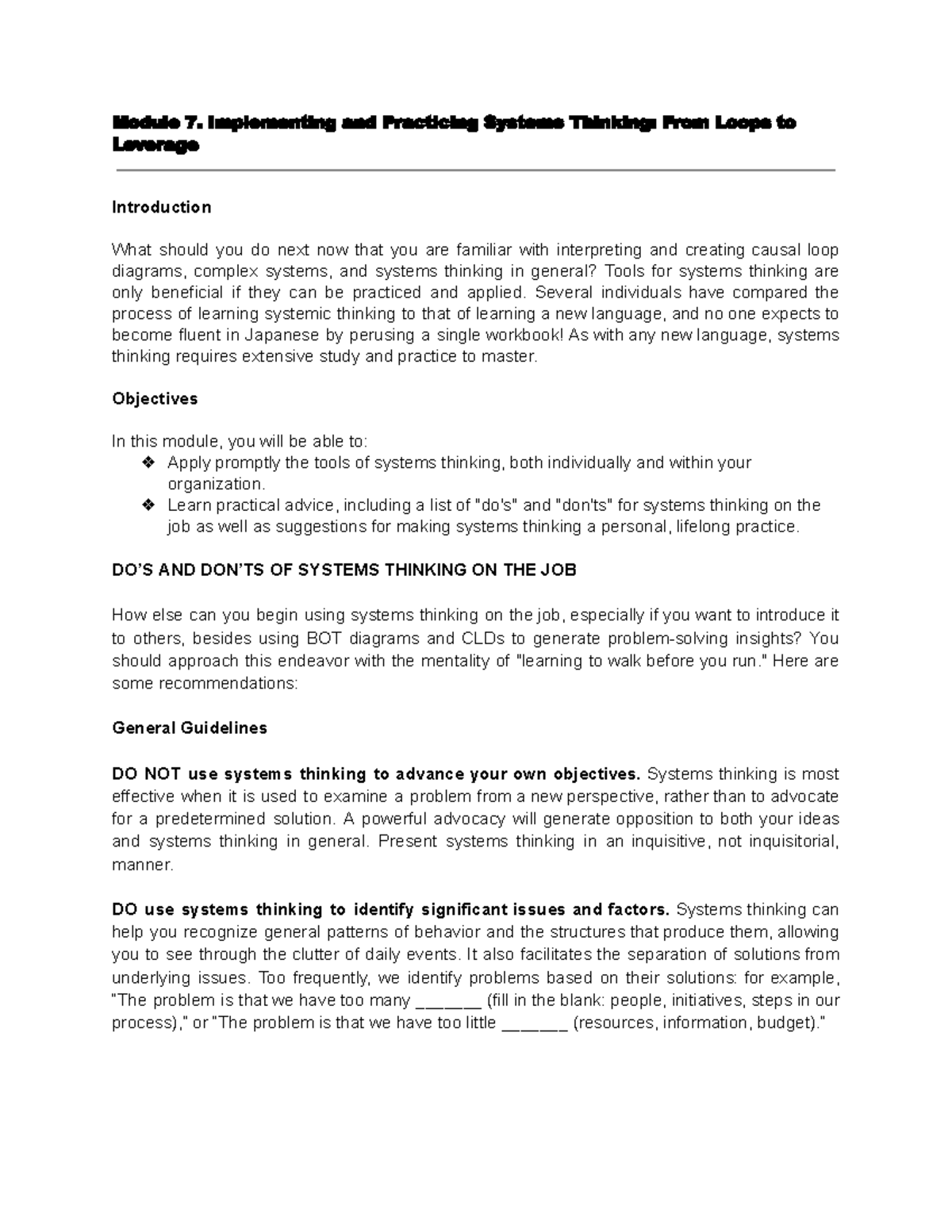 Module 7-systems thinking - Module 7. Implementing and Practicing ...