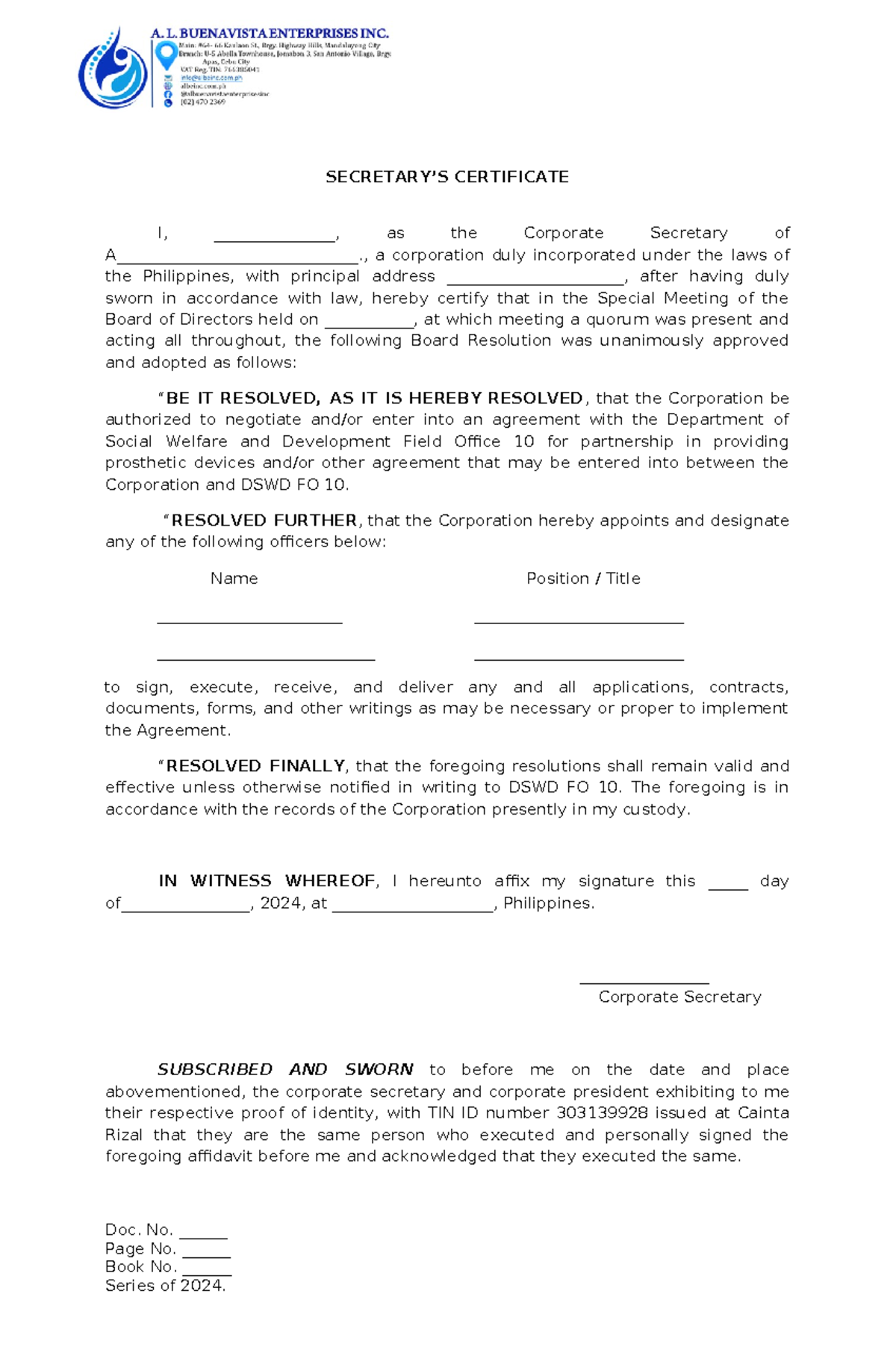 Sec Cert Draft - SECRETARY’S CERTIFICATE I, , as the Corporate ...