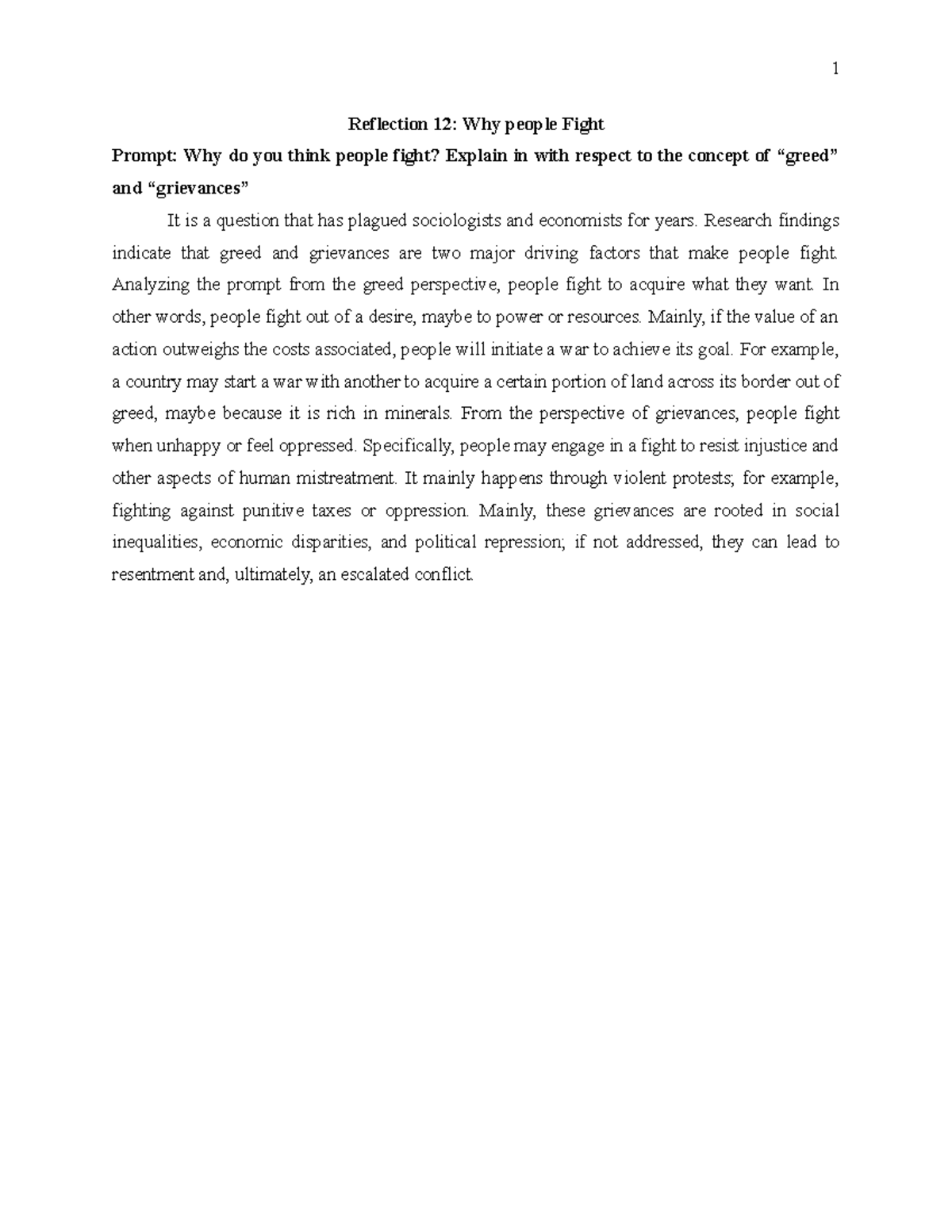 Why People Fight - business - 1 Reflection 12: Why people Fight Prompt ...