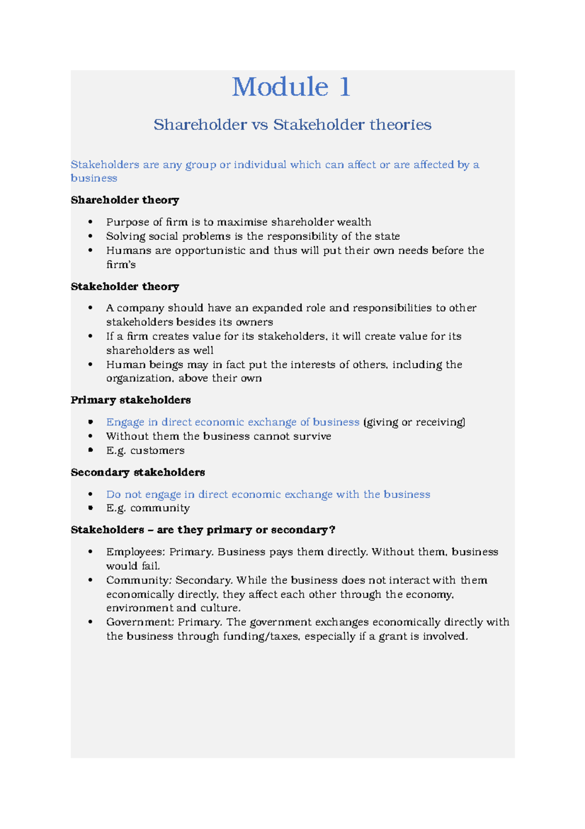 Module 1 Notes - Shareholder and Stakeholder theory, sustainability ...