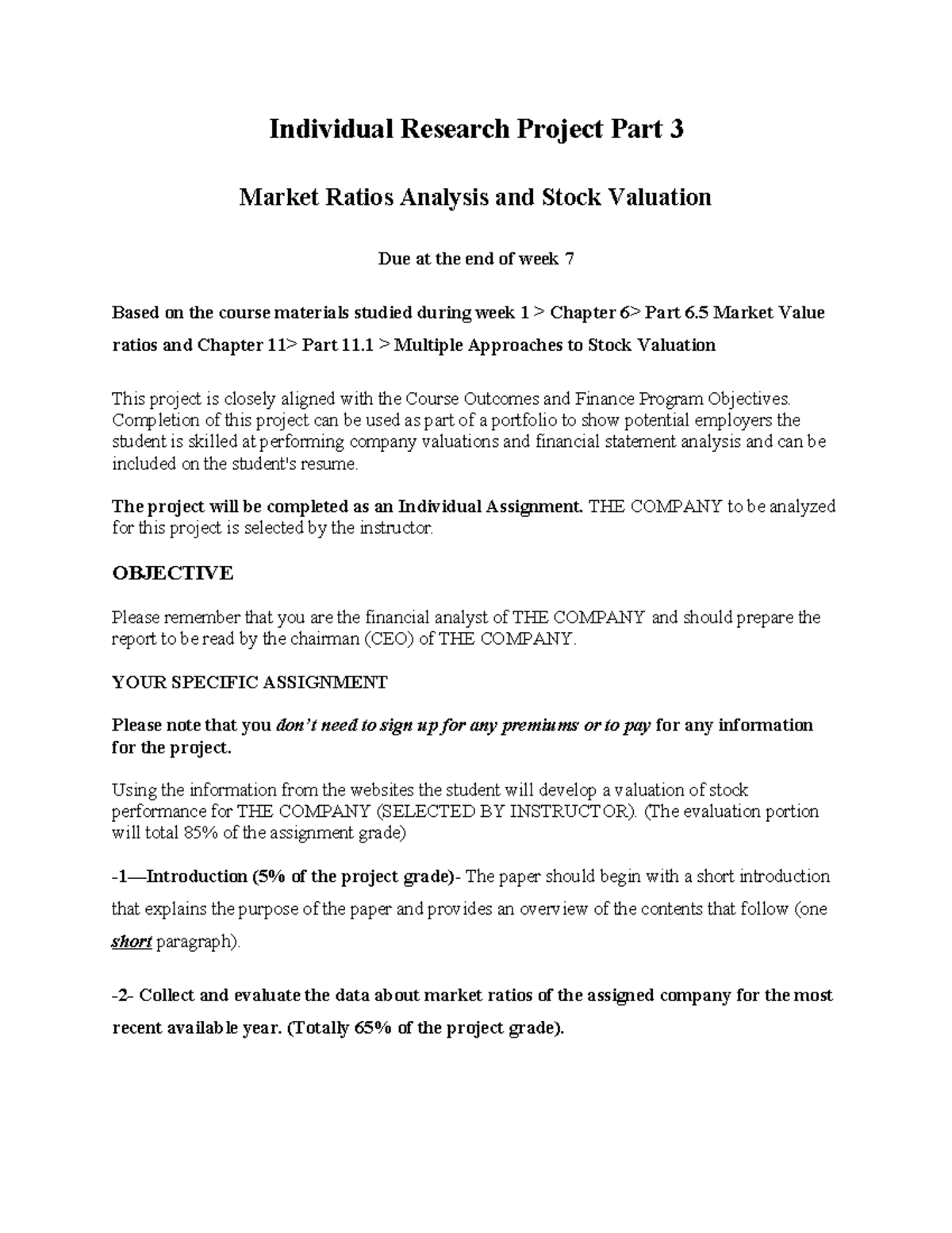 Individual Research Project Stage 3 - Individual Research Project Part 3 Market Ratios Analysis ...