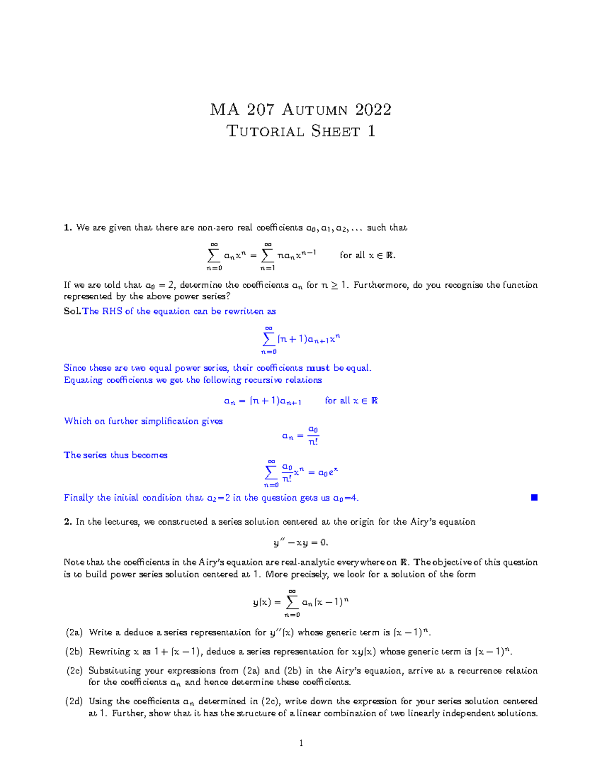 MA207 2022 Tutorial 1 solutions - MA 207 Autumn 2022 Tutorial Sheet 1 ...