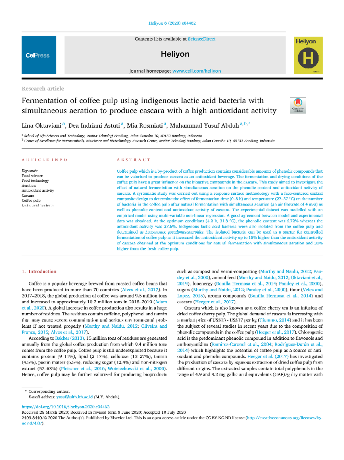 Fermentation of coffee pulp using indigenous lactic acid bacteria with ...