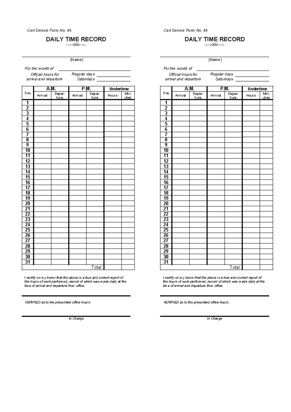 Appendix 24 - Daily Time Record (DTR) - Civil Service Form No. 48 DAILY ...