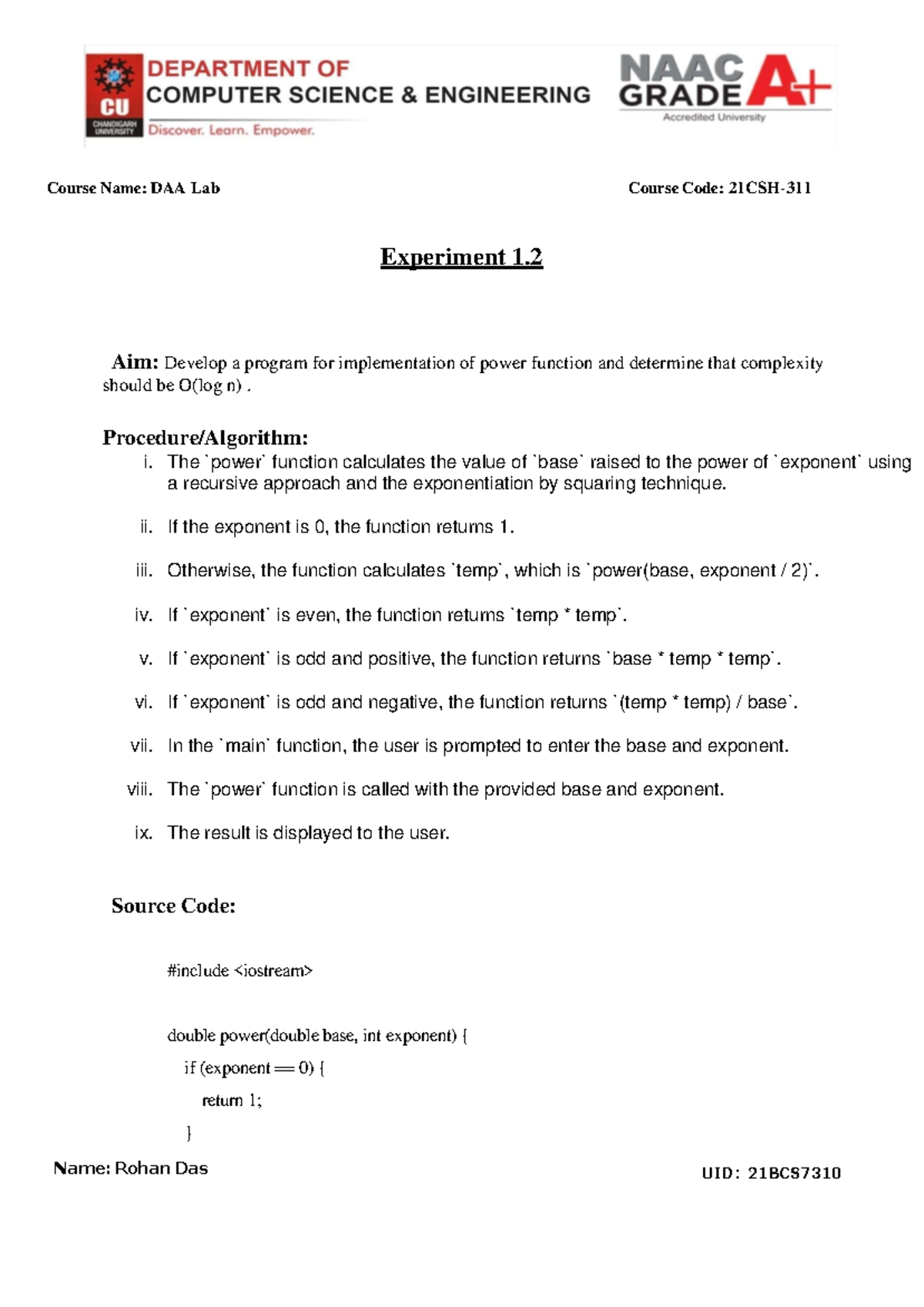 Daa1 - No des - Course Name: DAA Lab Course Code: 21CSH- Name: Rohan ...