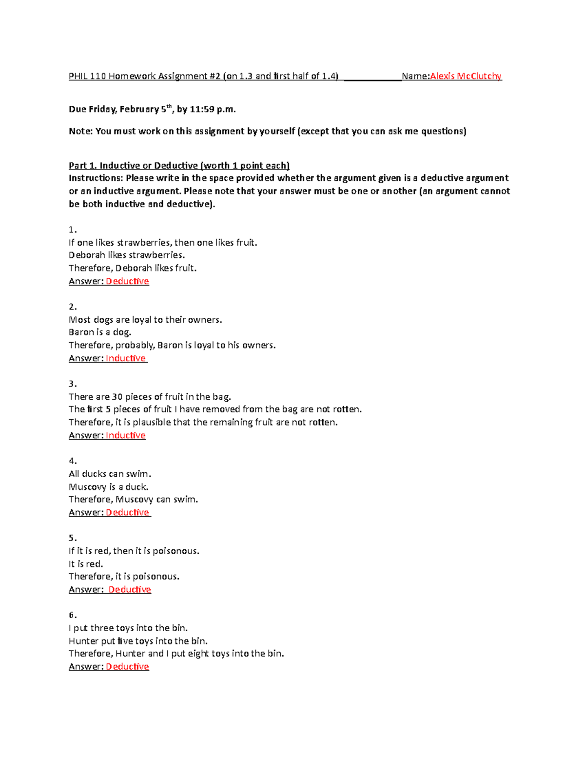 PHIL 110 Homework Assignment #2 (Deductive, Inductive, Valid, Invalid, Sound) - PHIL 110 ...