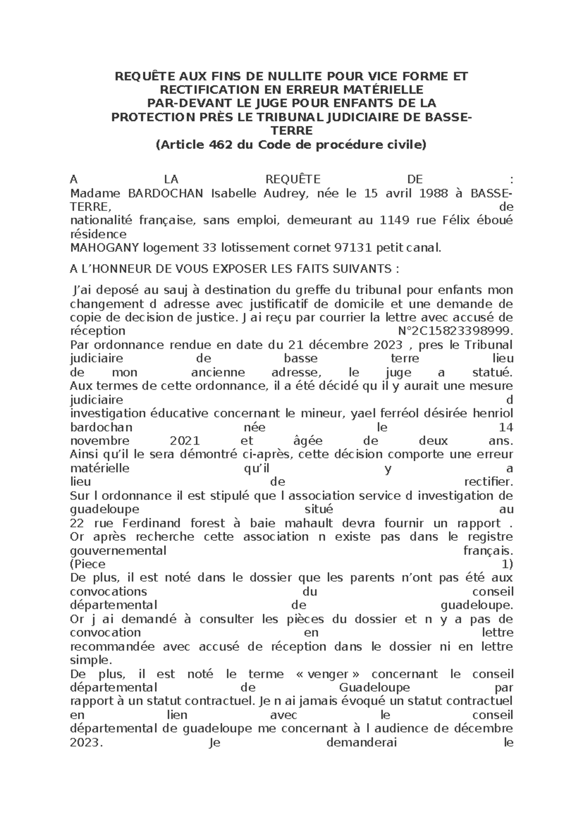 Requete aux fins de nullite vice de forme et rectification - REQUÊTE ...