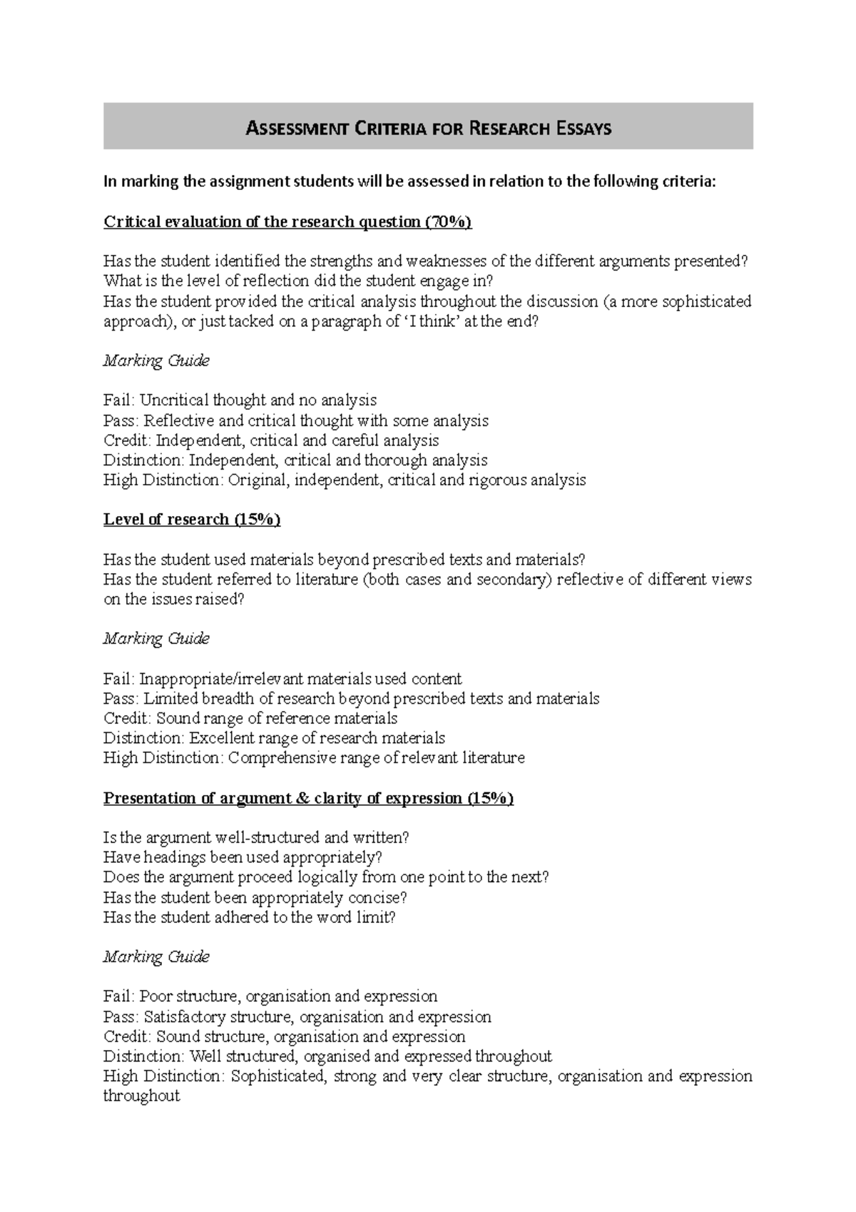 Assessment Criteria for Research Essays - ASSESSMENT CRITERIA FOR ...