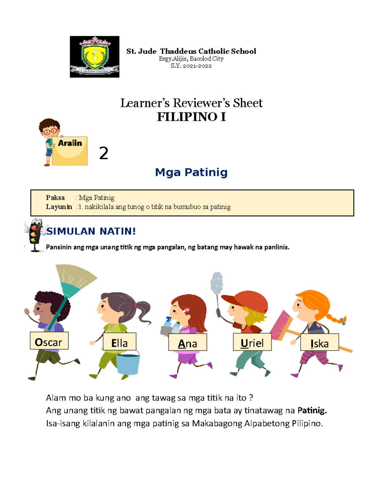 Oct.4 Mga Patinig - vvvvvv - ####### St. Jude Thaddeus Catholic School ...