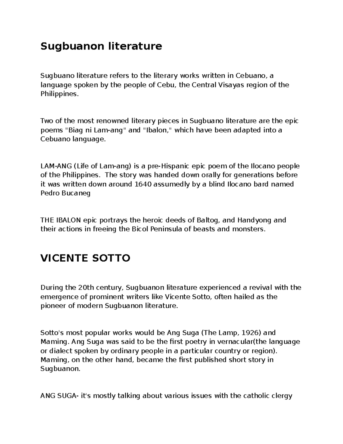 Suanbanon literature - Summary 2nd Semester - Sugbuanon literature ...