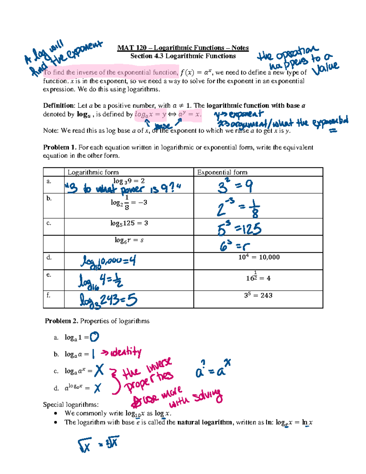 MAT 120 - Notes - 4.3 - key - MAT 120 – Logarithmic Functions – Notes ...