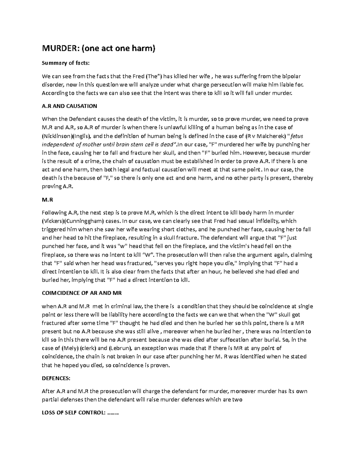 Murder(one act one harm) - MURDER: (one act one harm) Summary of facts ...