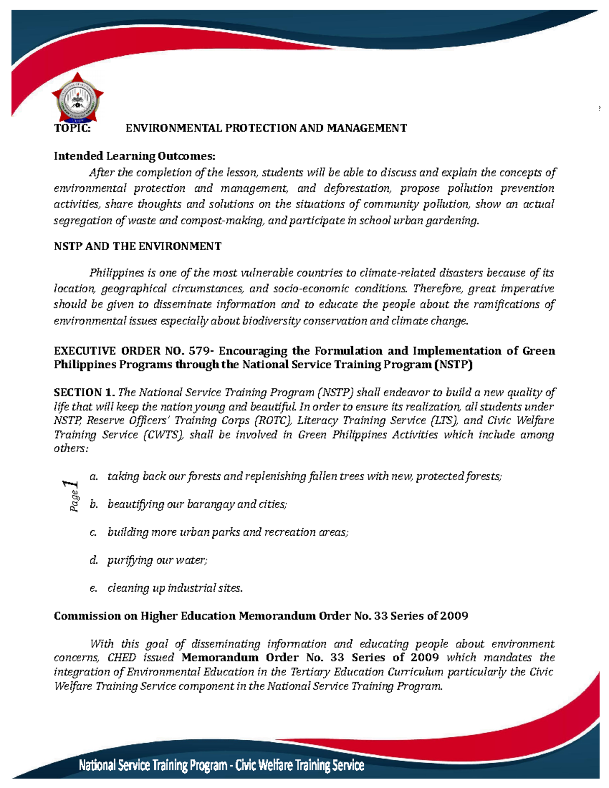 Environmental Management and Protection - Page 1 ####### TOPIC ...