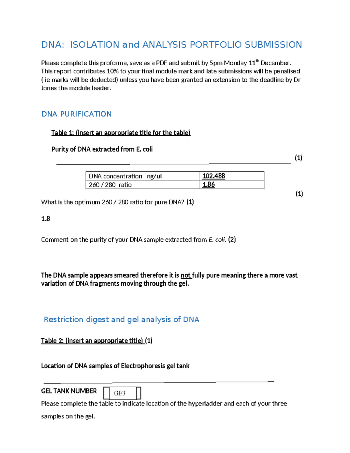 DNA Isolation and Analysis report Submission 2023 - DNA: ISOLATION and ...