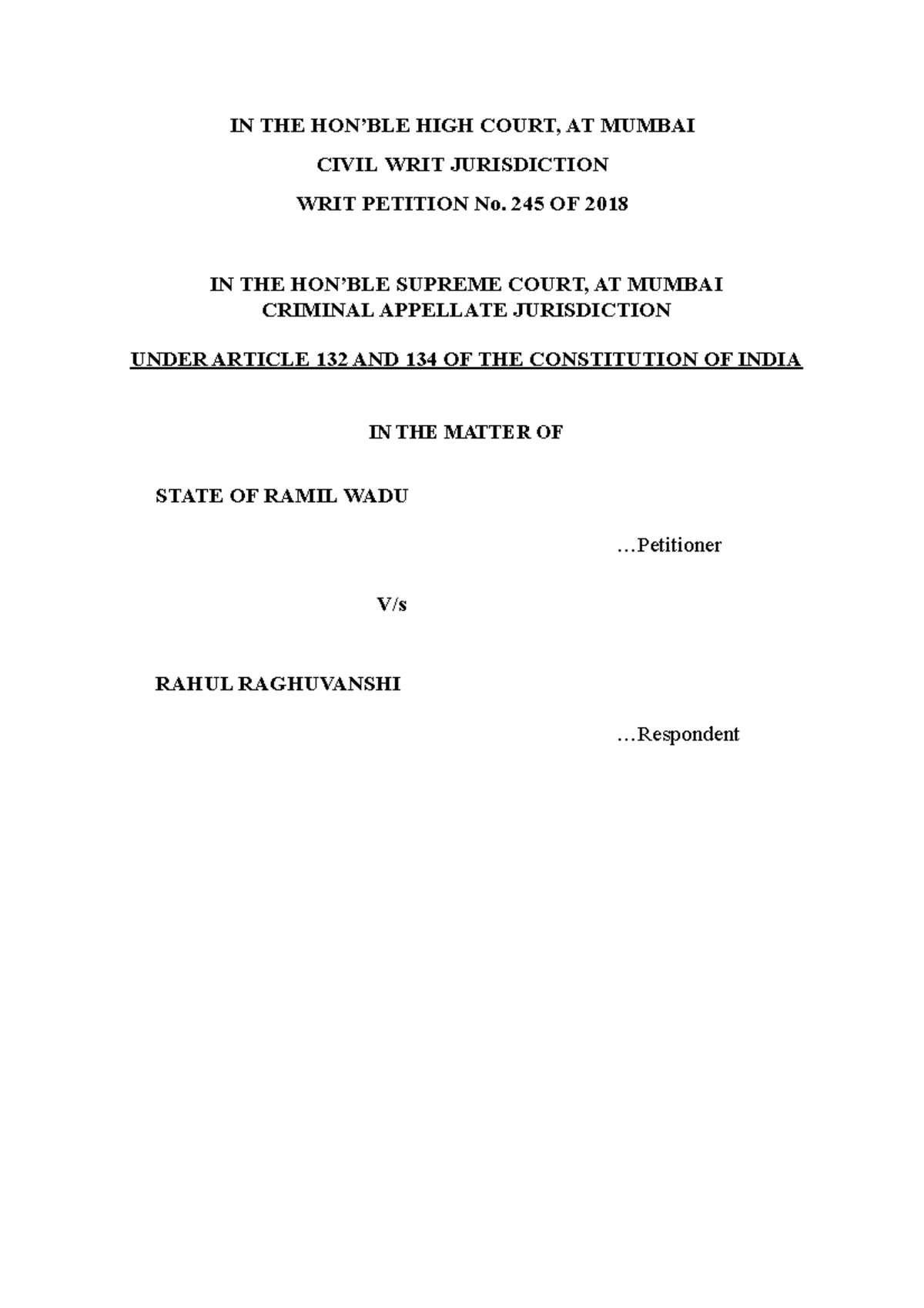 Writ Petition - Mandamus final - IN THE HON’BLE HIGH COURT, AT MUMBAI ...